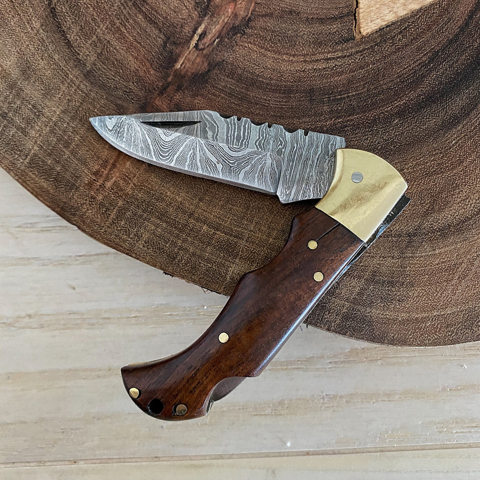 Gold and Wood Damascus Pocket Knife Damascus Folding Pocket Knife for ...