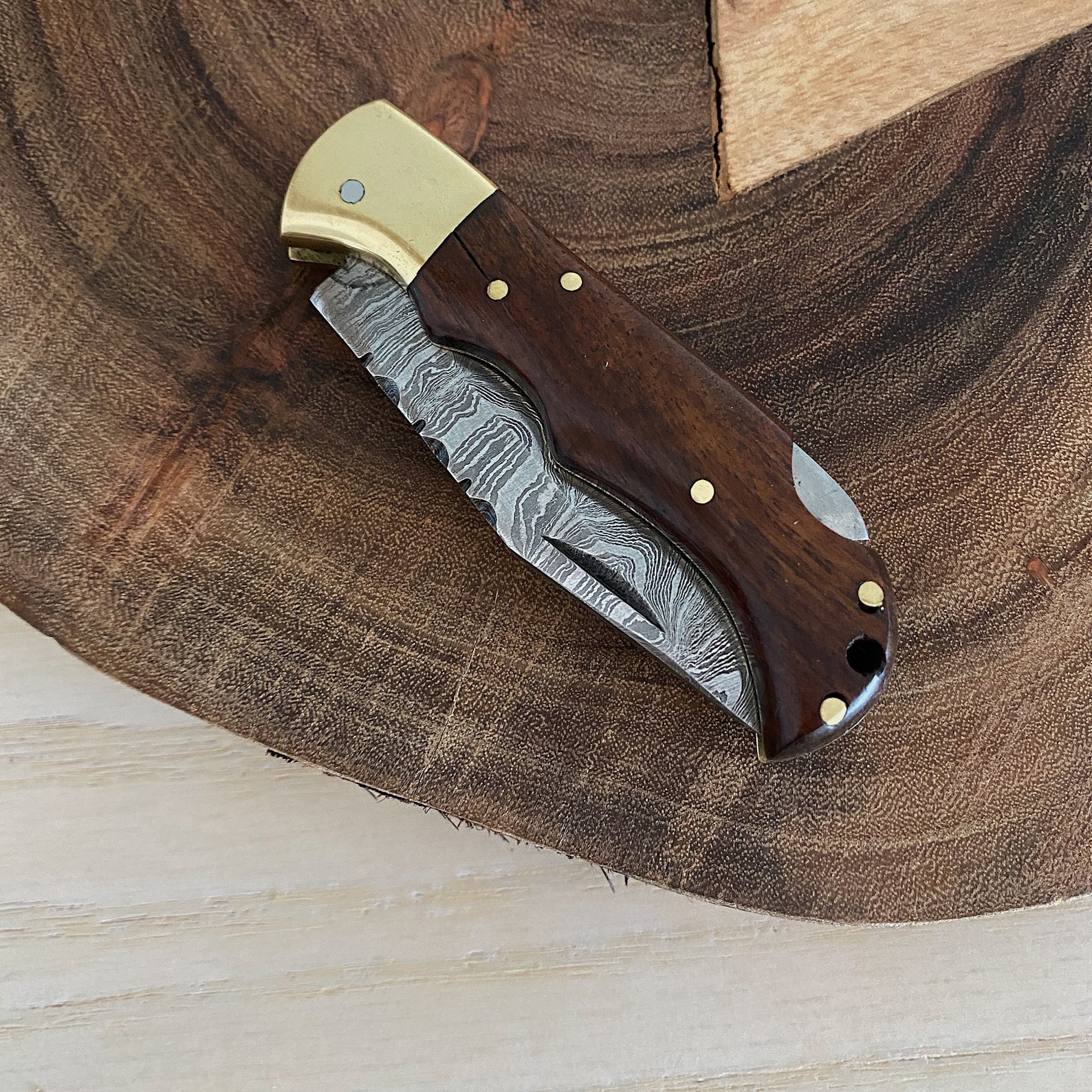 Gold and Wood Damascus Pocket Knife Damascus Folding Pocket Knife for ...