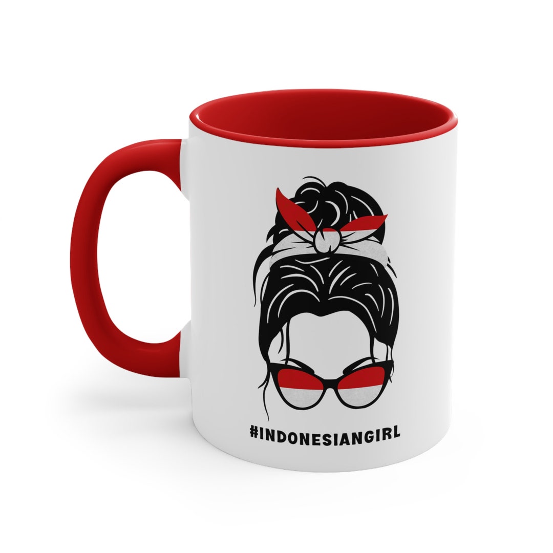 Indonesian Girl With Glasses, Messy Bun, Indonesian Flag Print, Red ...