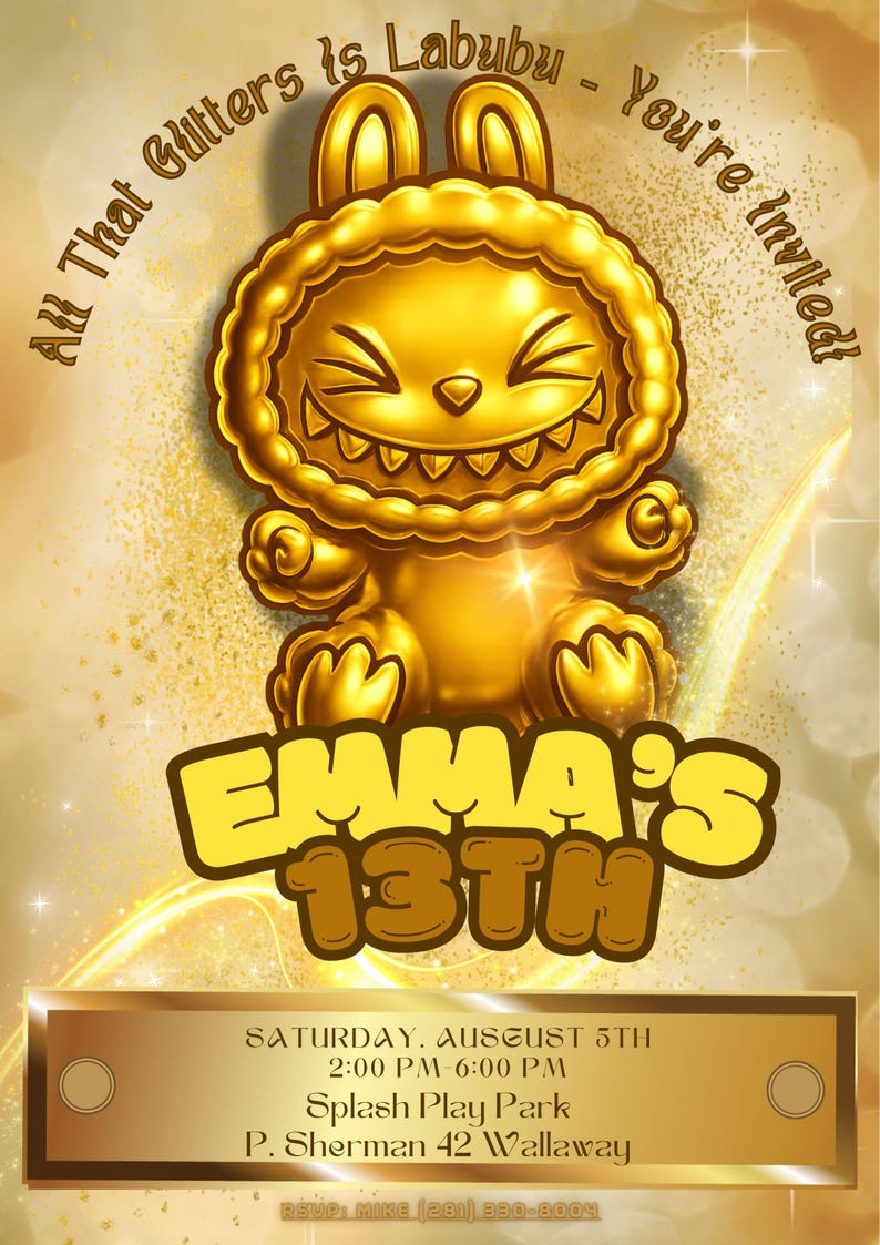 24K Gold Labubu Birthday Invitation – Editable Canva Template – Digital ...
