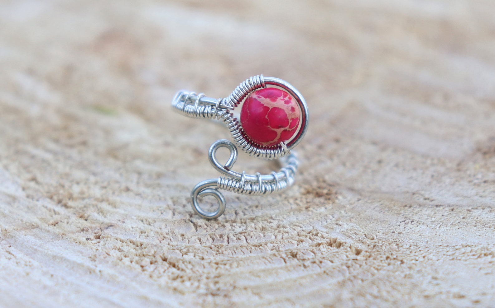 Pink Imperial Jasper Wire Wrapped Ring, Adjustable Wire Wrapped Ring ...