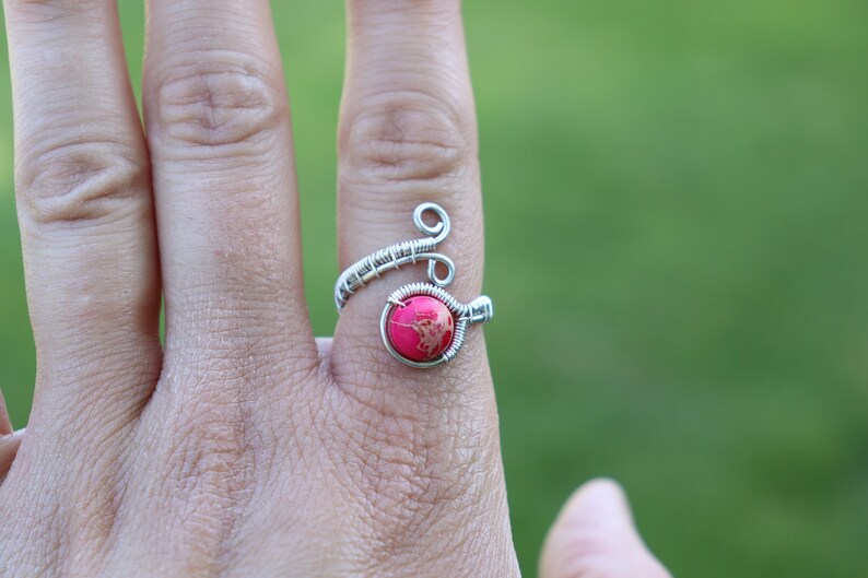 Pink Imperial Jasper Wire Wrapped Ring, Adjustable Wire Wrapped Ring ...