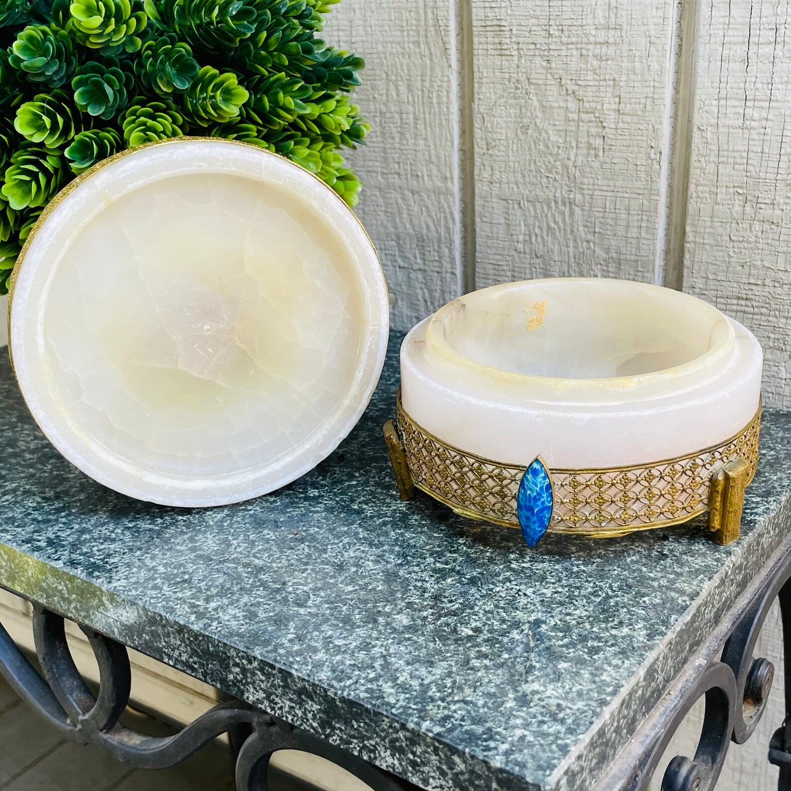 Antique Ornate Brass Victorian Rose Alabaster & Blue Stone | Etsy