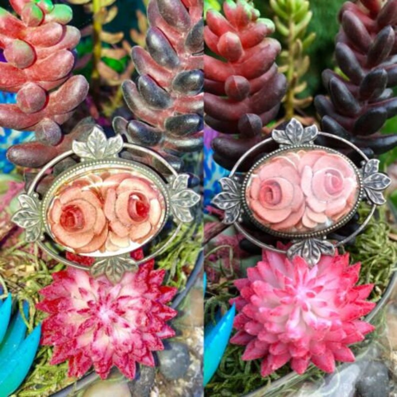 Antique Carved Pink Rose Flower Lucite Resin Silver Tone - Etsy