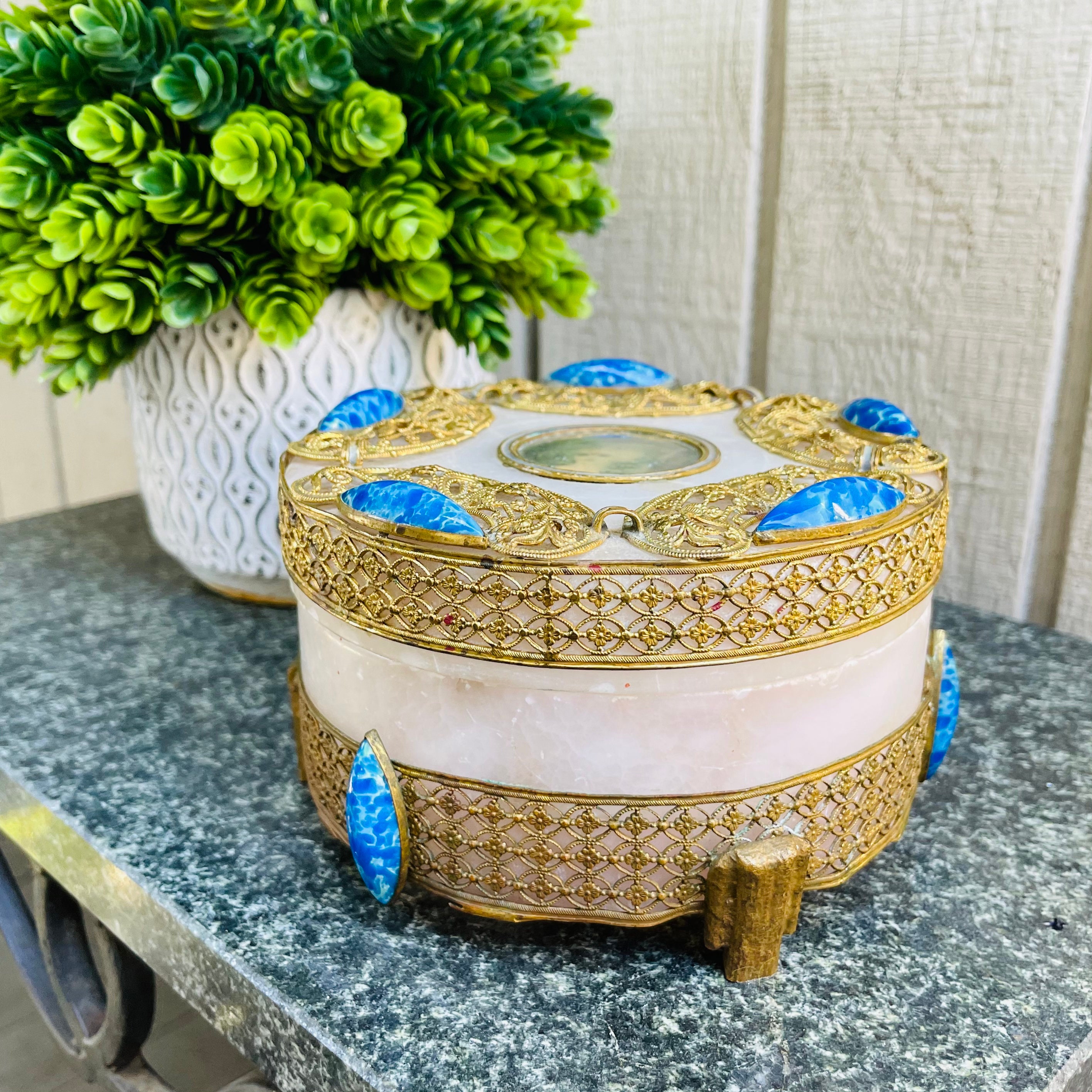 Antique Ornate Brass Victorian Rose Alabaster & Blue Stone | Etsy