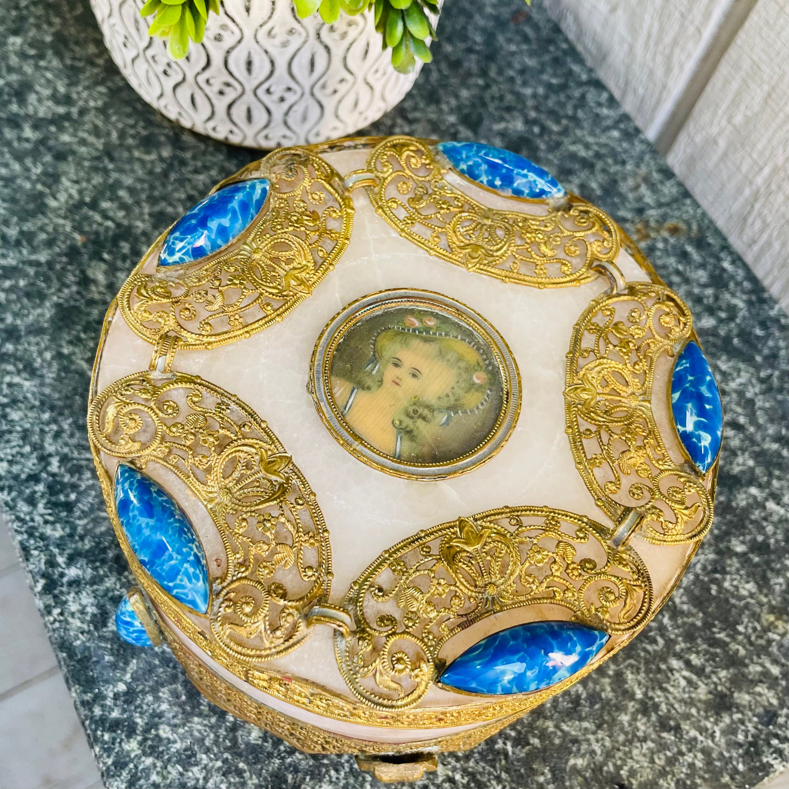 Antique Ornate Brass Victorian Rose Alabaster & Blue Stone | Etsy