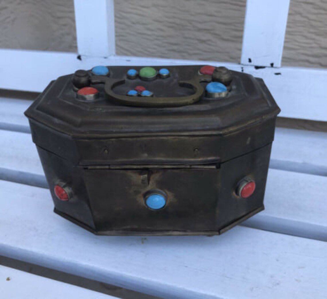 Antique Brass Hinged Box Container Blue Red Green Glass Stones - Etsy
