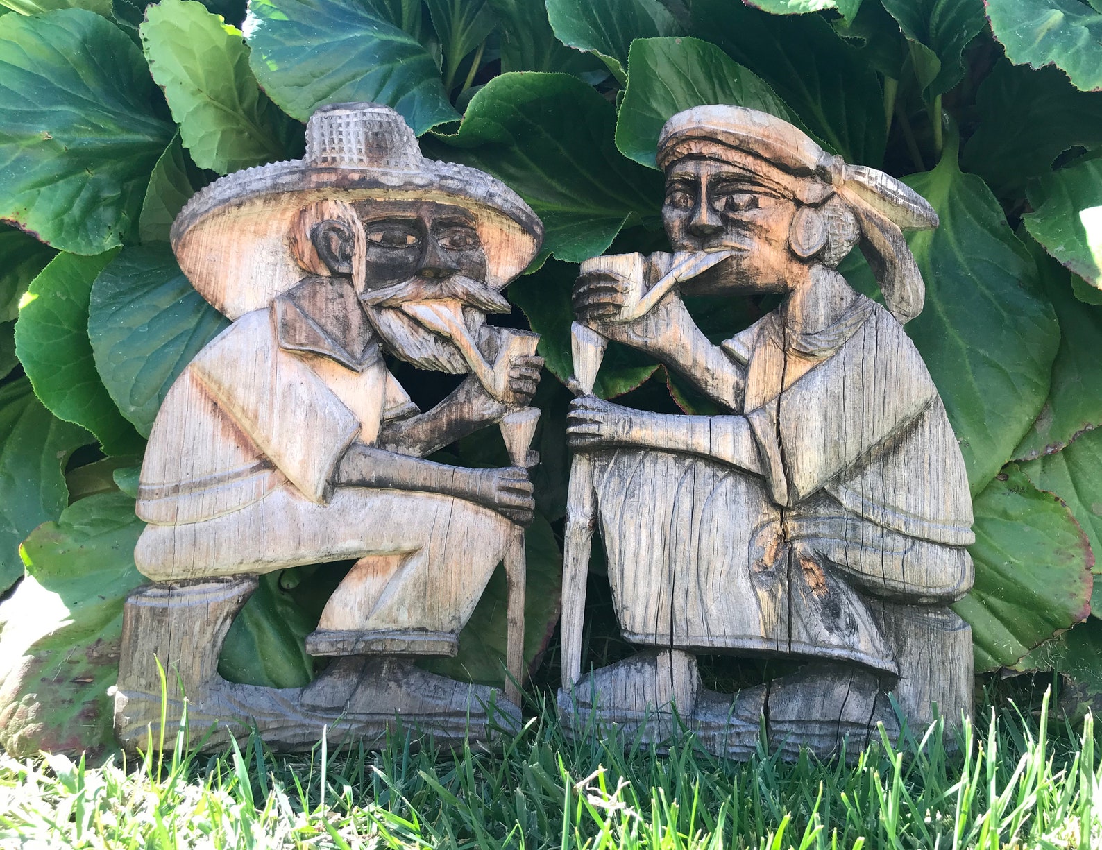 Antique Handmade Wood Carving Old Couple Woman & Man Smoking | Etsy