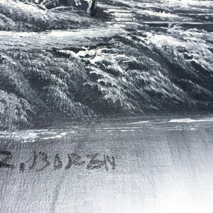 Large Artist Sign R. Boren Original B&W Oil Nature Mountain Forrest ...