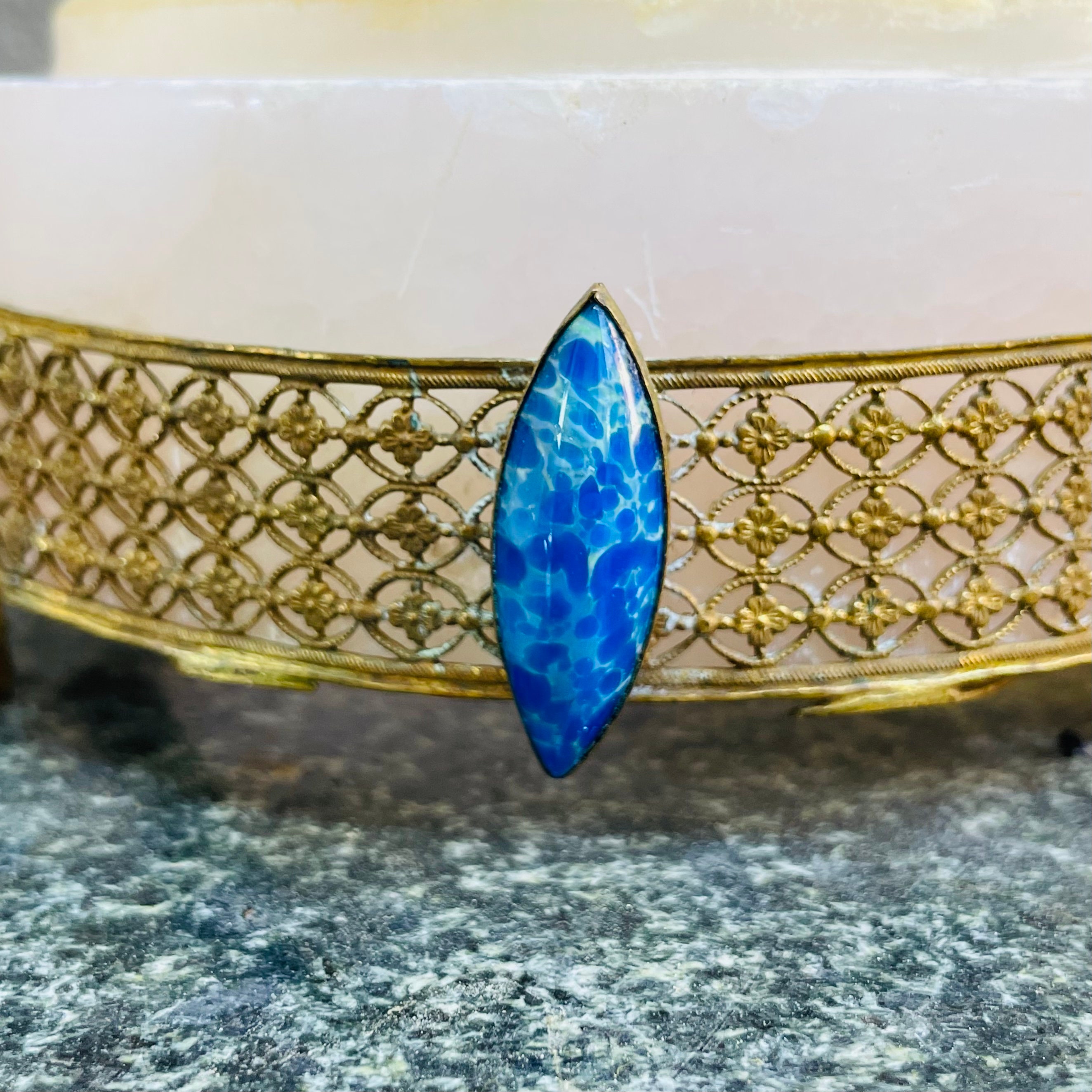 Antique Ornate Brass Victorian Rose Alabaster & Blue Stone | Etsy