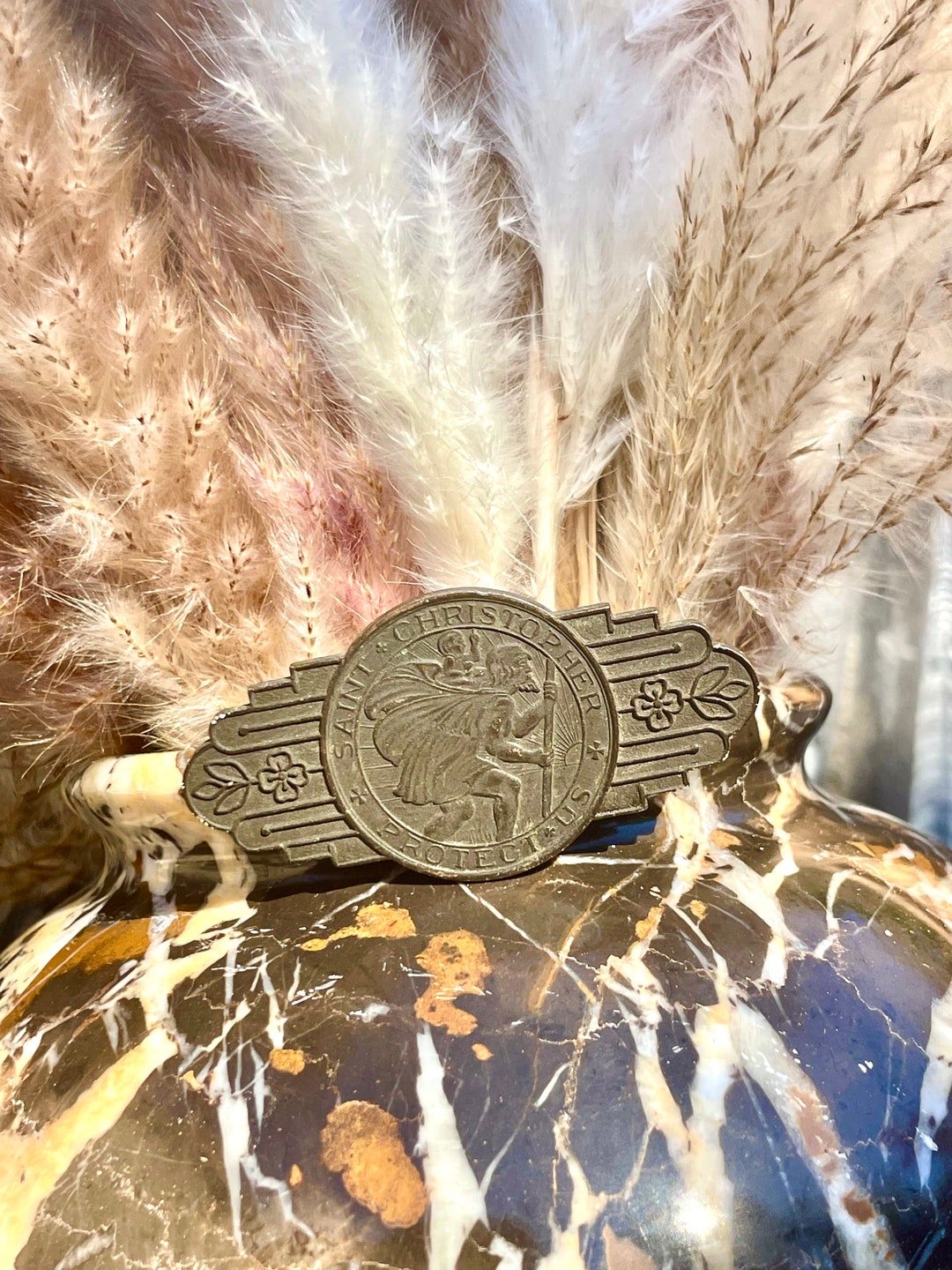 Antique St. Christopher Protect Us Signed SF Pin Medal Double Post ...