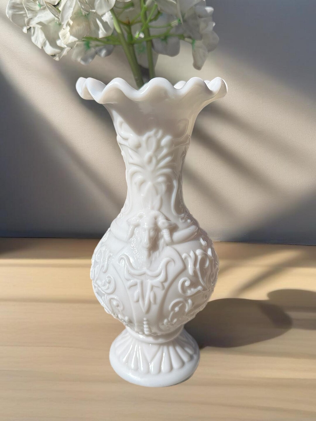 Antique Portieux Vallerysthal Masonic Goats Head Milk Glass Vase 1870 ...