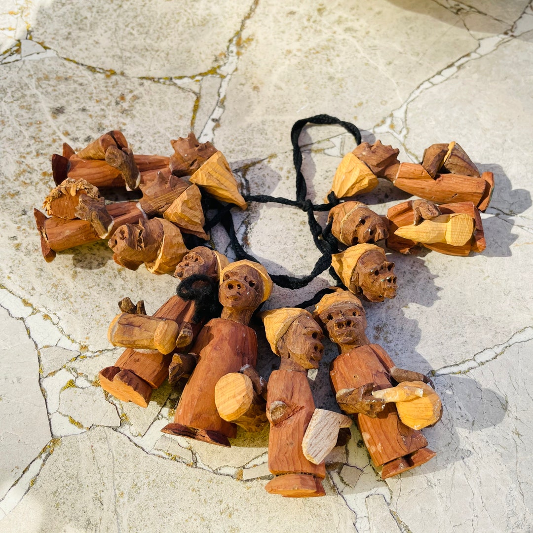 Antique Artisan Wood Hand Carved People Figures Tribal Bead Ethnic Folk ...