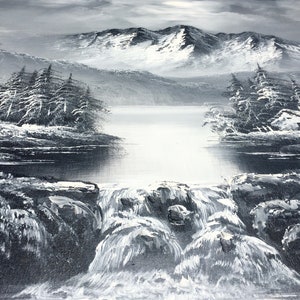 Large Artist Sign R. Boren Original B&W Oil Nature Mountain Forrest ...