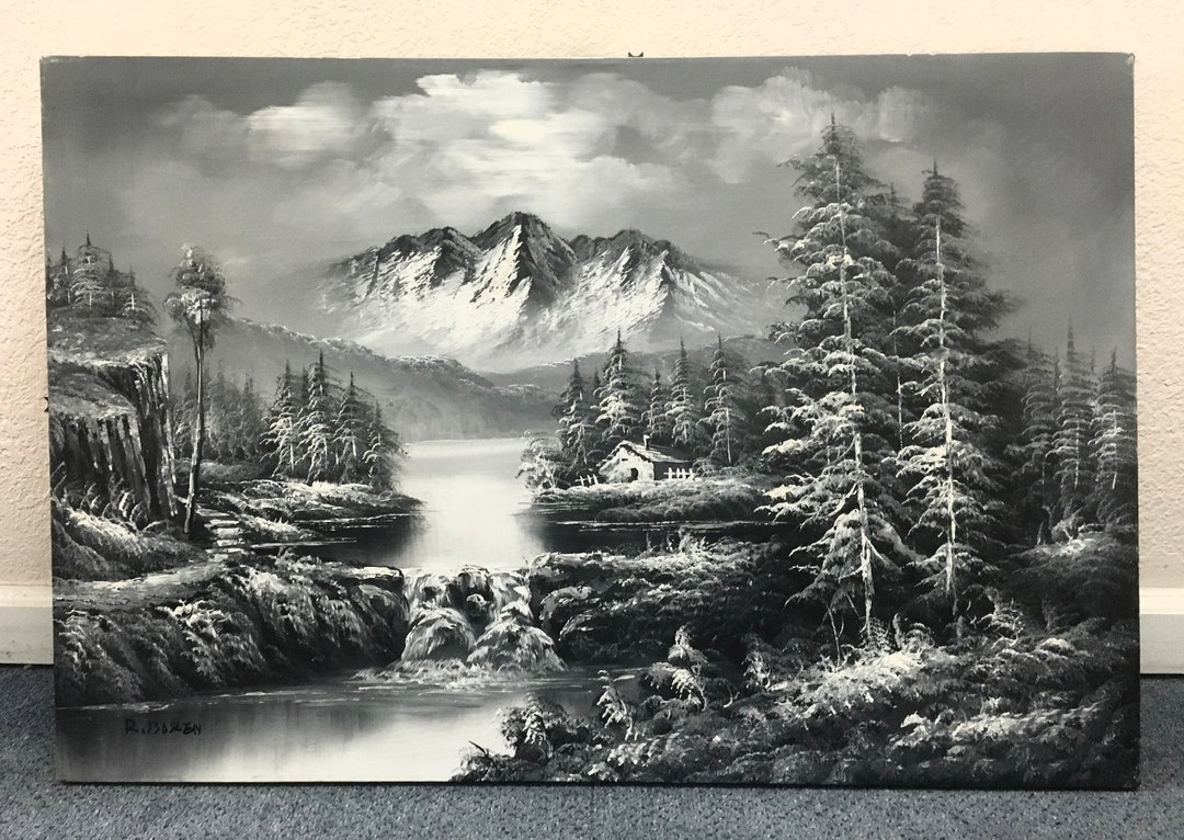 Large Artist Sign R. Boren Original B&W Oil Nature Mountain Forrest ...