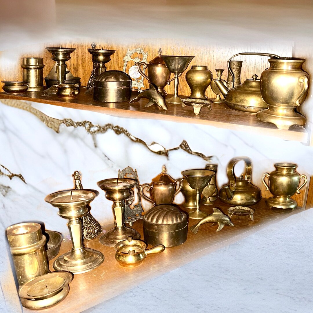 Vintage Brass Metalware Collection: Candlestick Holders, Urn, Teapot ...