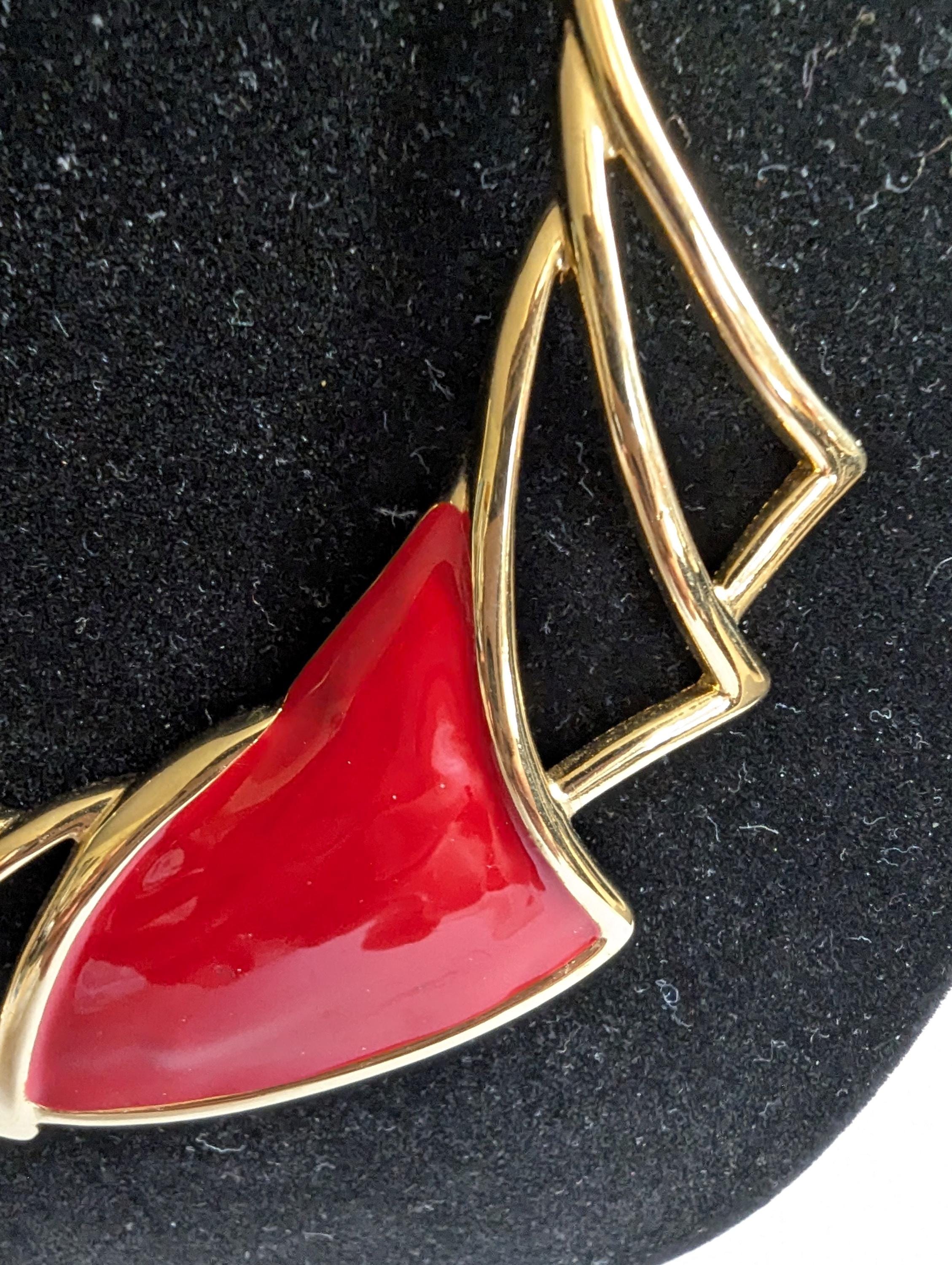 Monet Art Deco Red Cream Enamel Gold Tone Bib Necklace and Earrings - Etsy