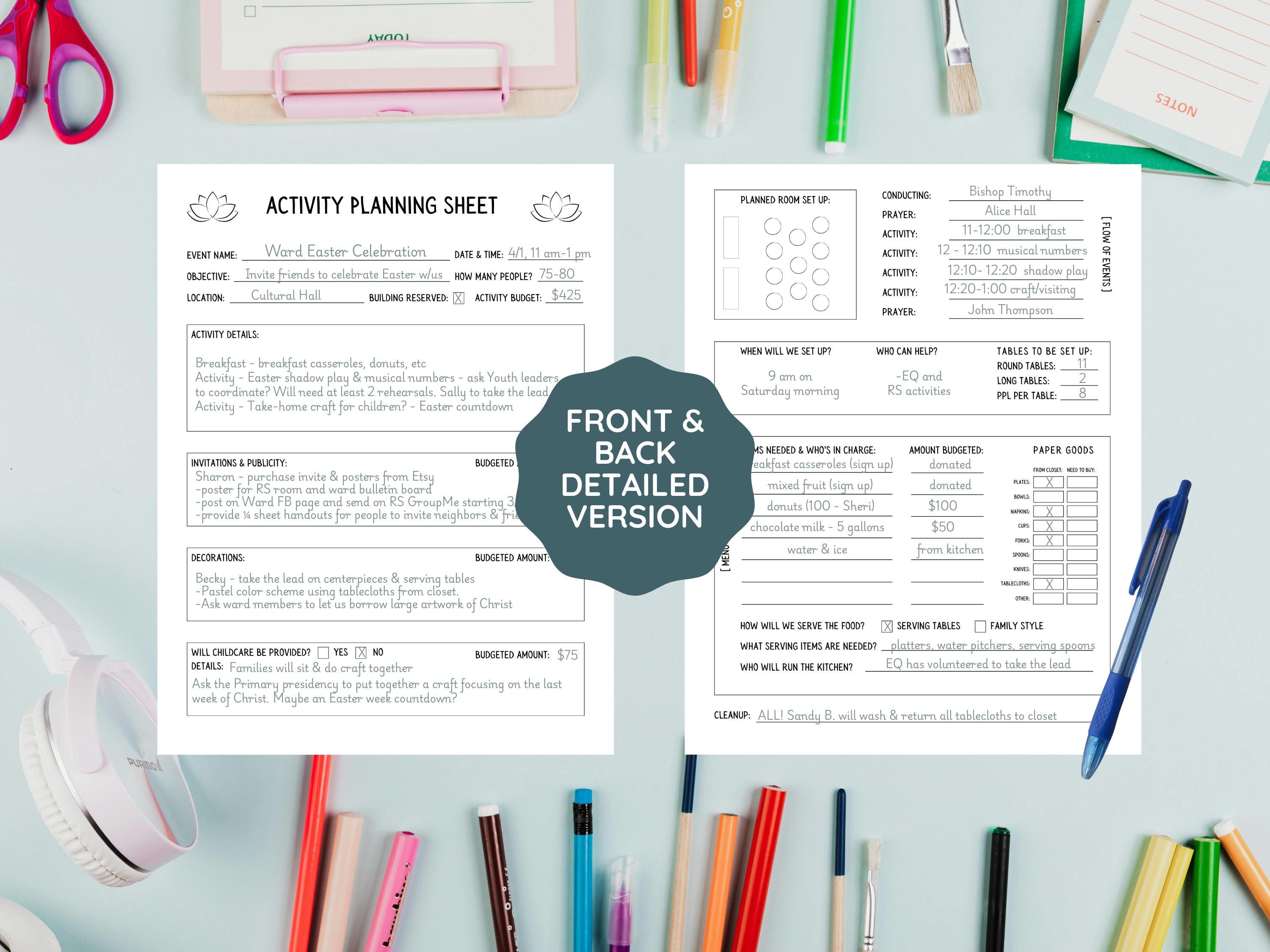 LDS Activity Planning Worksheets | for Ward, Relief Society, Youth or ...