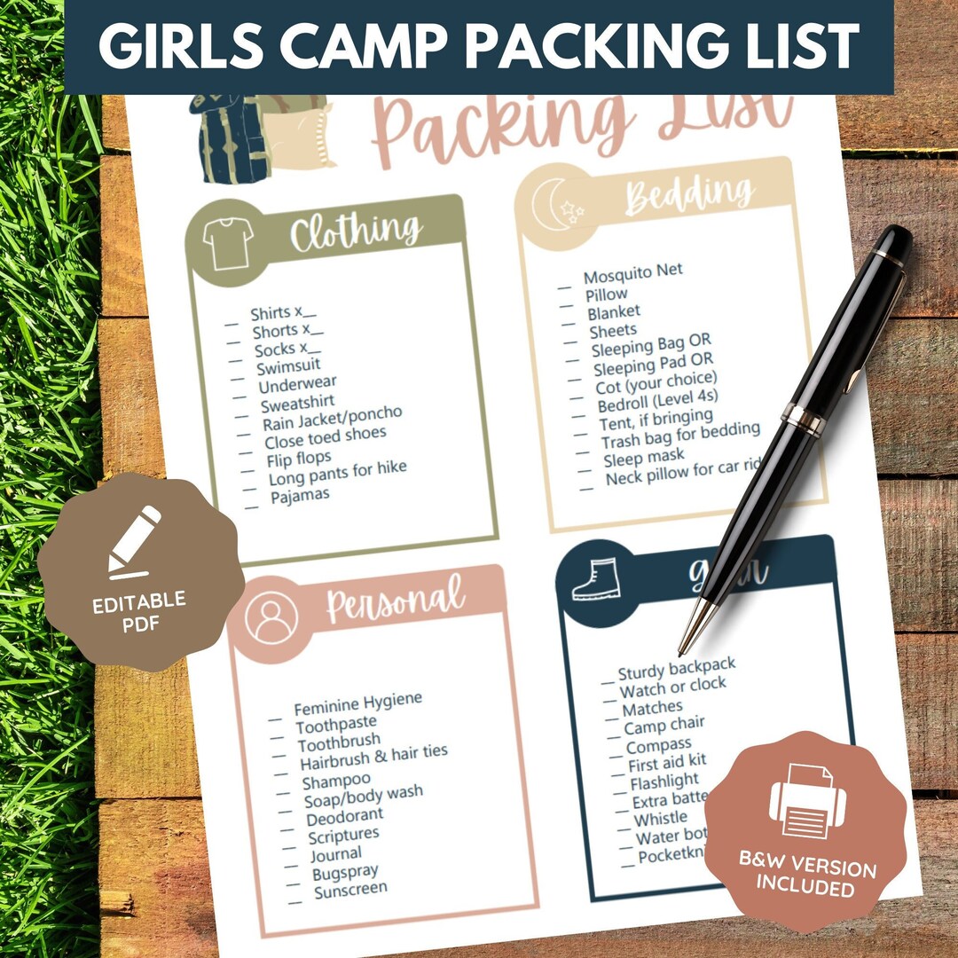 Editable Young Women Girls Camp Packing List Digital Download - Etsy