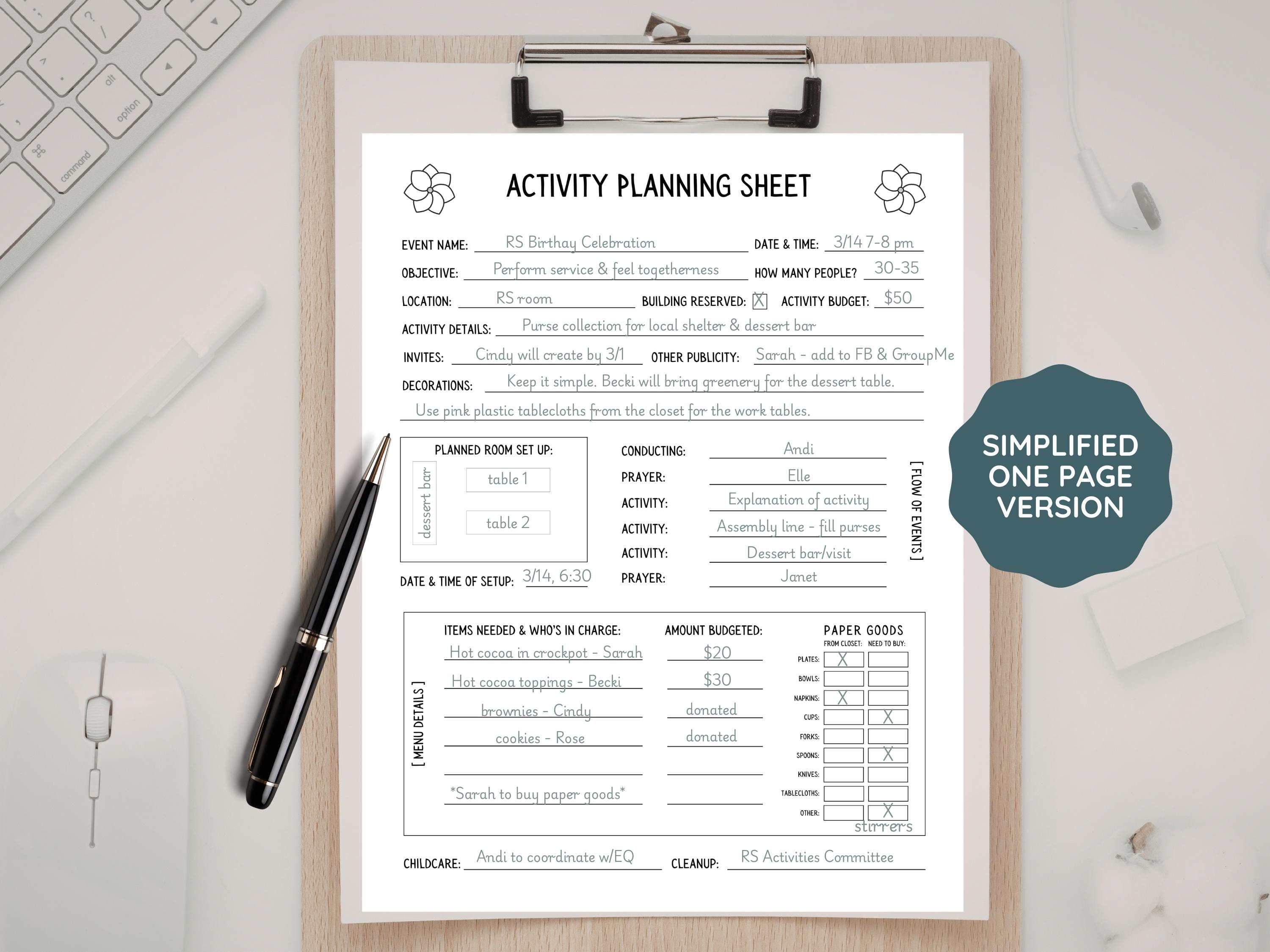 LDS Activity Planning Worksheets | for Ward, Relief Society, Youth or ...