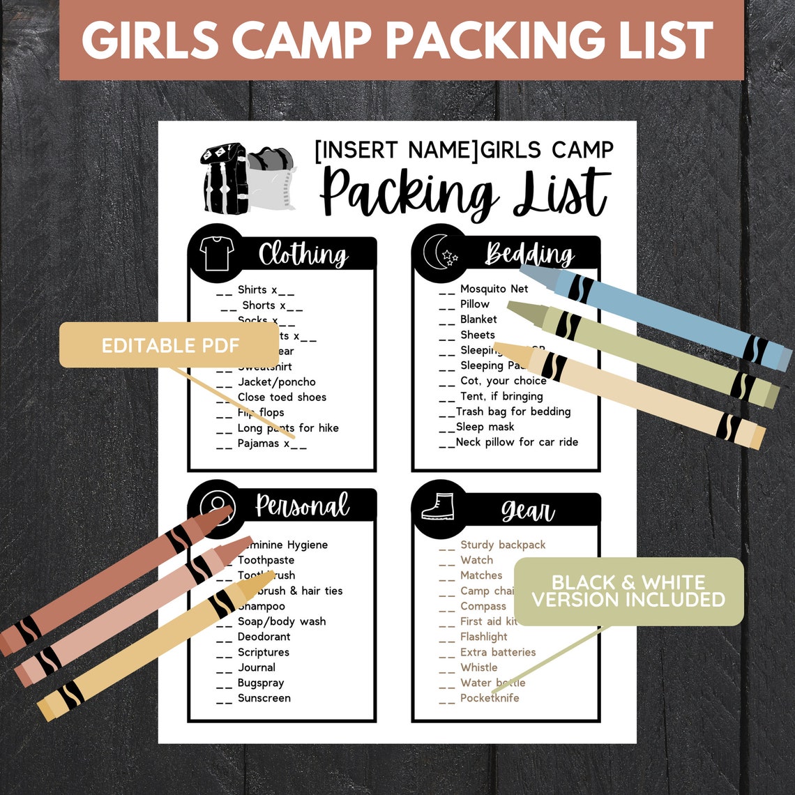 Editable Young Women Girls Camp Packing List Digital - Etsy