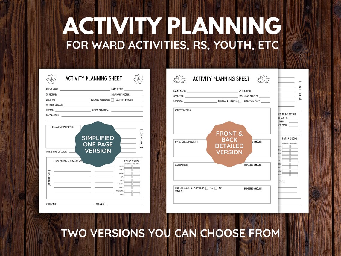 LDS Activity Planning Worksheets | for Ward, Relief Society, Youth or ...