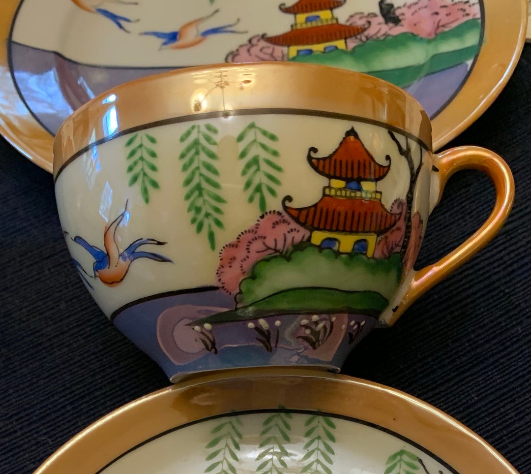 Vintage Japanese Lusterware Blue Bird Tea Cups and Dessert Plates - Etsy