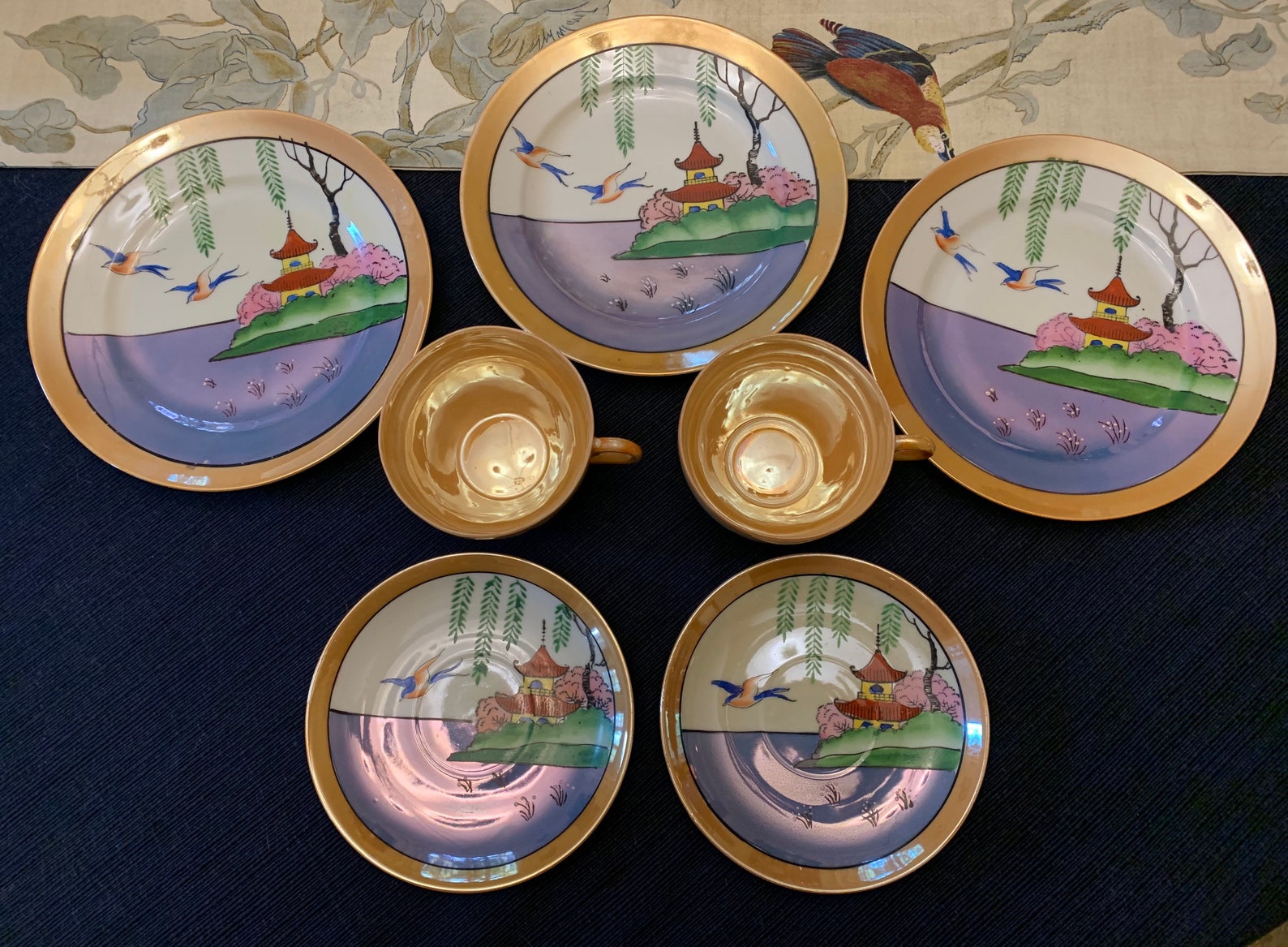 Vintage Japanese Lusterware Blue Bird Tea Cups and Dessert - Etsy