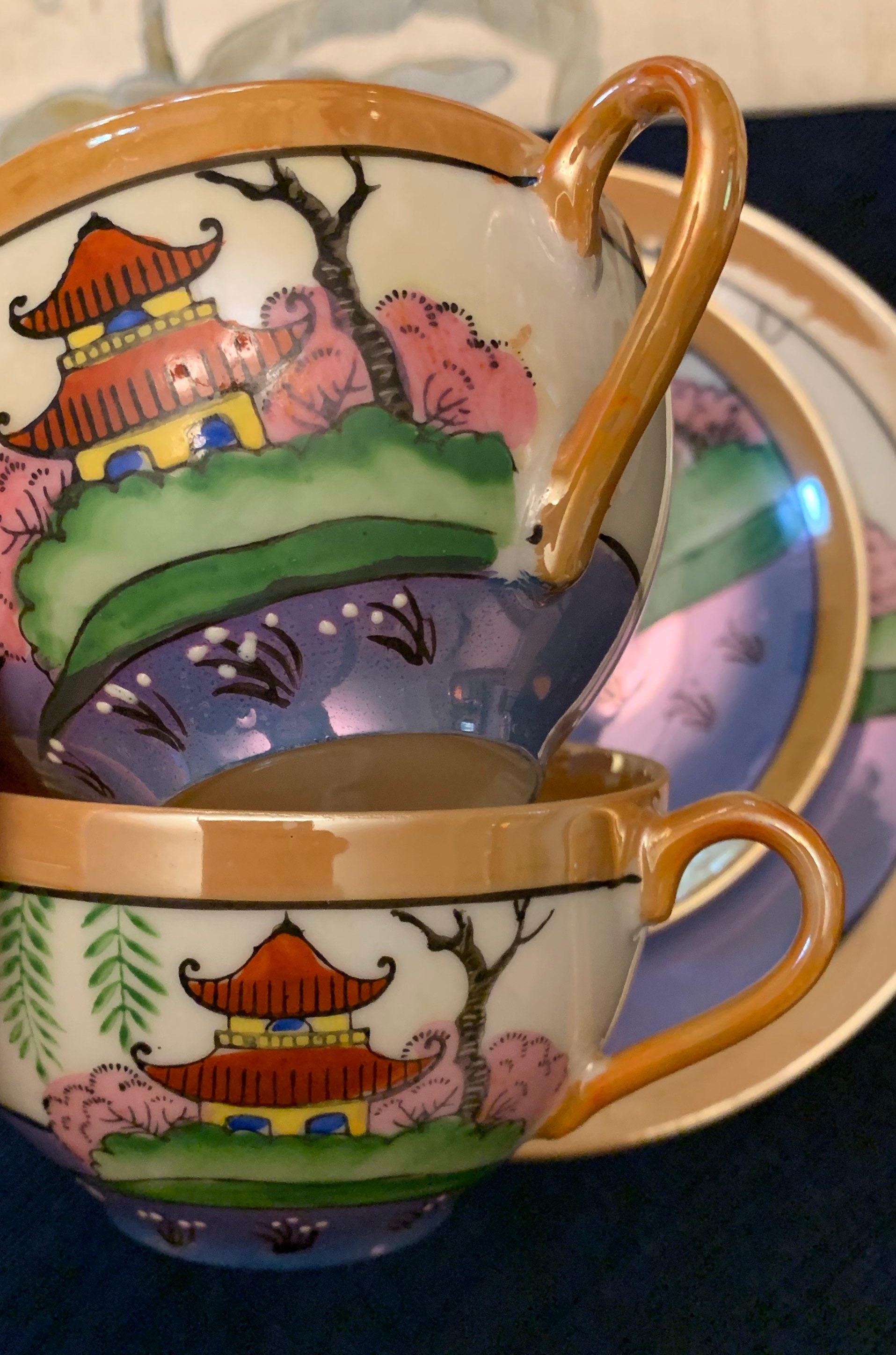Vintage Japanese Lusterware Blue Bird Tea Cups and Dessert Plates - Etsy