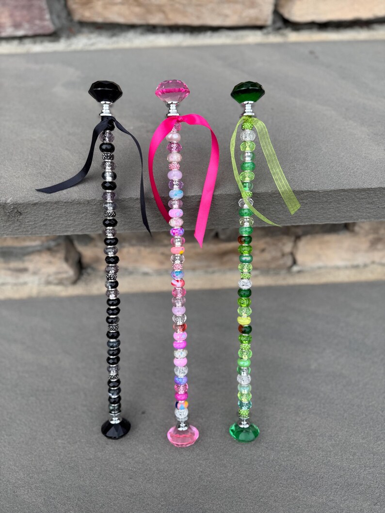 Fairy Garden Wand 13” Beaded Crystal Diamond Topper and Optional Dangle ...