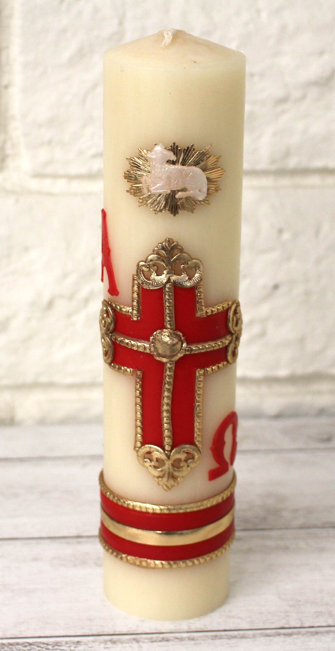 Red Gold Cross Confirmation Unique Paschal Gold-tone Candle Alpha Omega ...