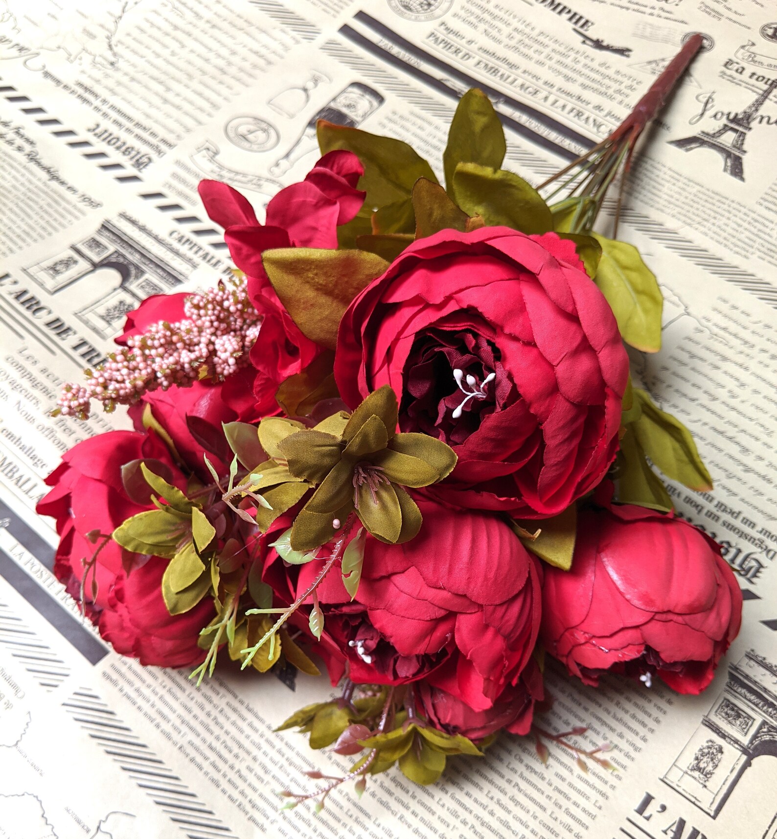 European Rose Ruby Red Color 8 Head Silk Rose Peony Open | Etsy