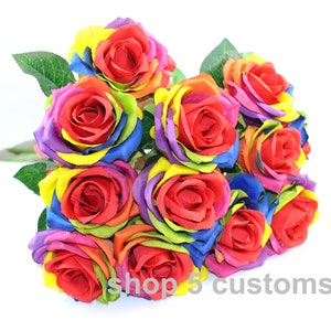 18 Stem Artificial Silk Rainbow Rose Flower Bush Bouquet for DIY Any ...