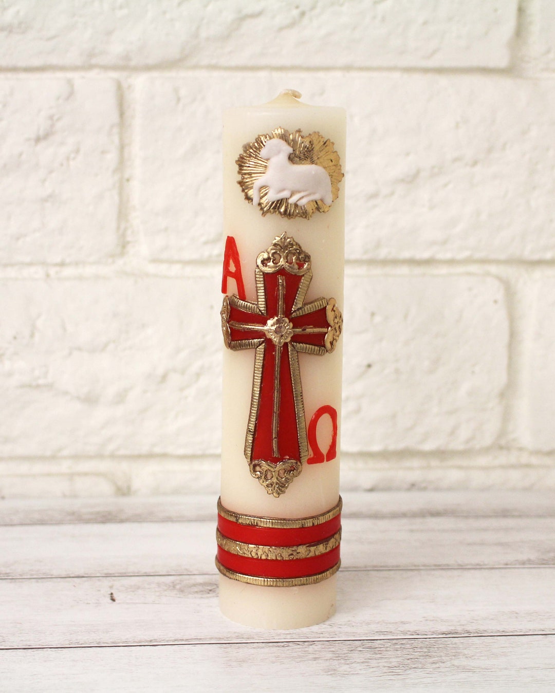 Red Gold Cross Confirmation Unique Paschal Gold-tone Candle Alpha Omega ...