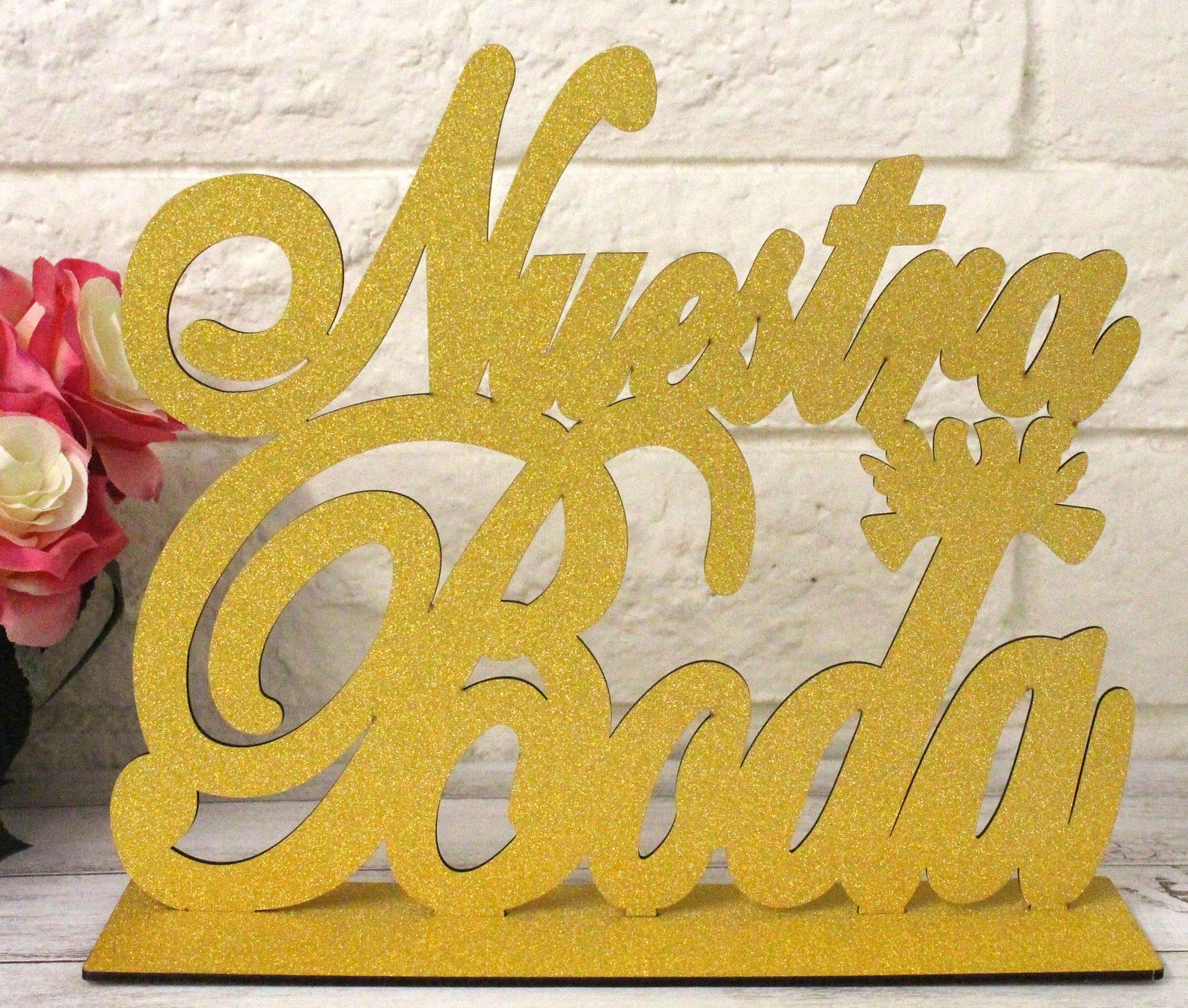 Gold Glitter Nuestra Boda Wood MDF With Stand Centerpiece 1 - Etsy