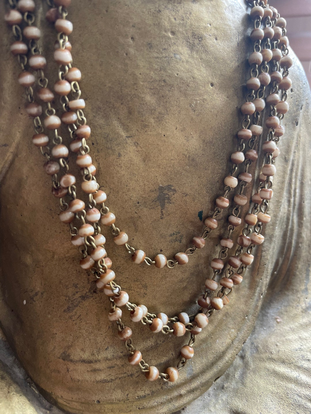 10ft Hand Beaded Chain, Water Buffalo Bone Round Beads on Raw Brass ...
