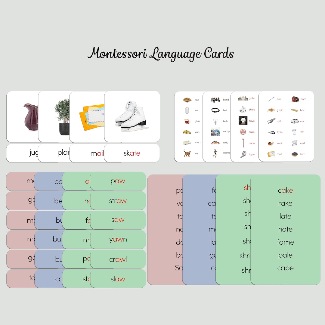 Montessori Language Cards Pink, Blue, Green Series and Other Phonograms ...