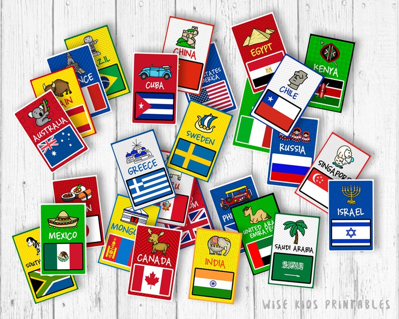 World Flags: Printable Flash Cards for Kids (room Decor, Educational ...