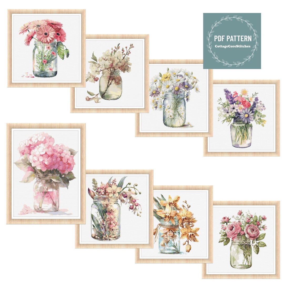 Cross Stitch Pattern BUNDLE, Flowers in Mason Jar, Printable Pdf ...
