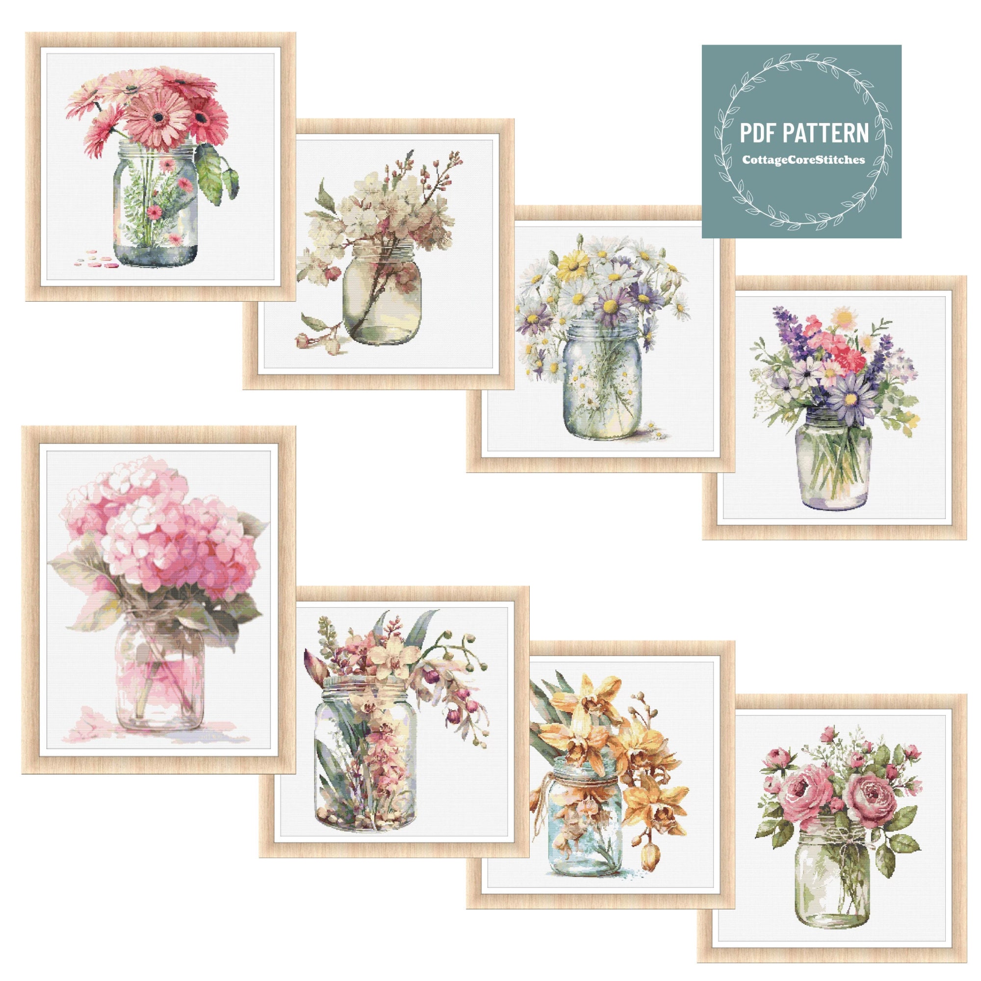 Cross Stitch Pattern BUNDLE, Flowers in Mason Jar, Printable Pdf ...