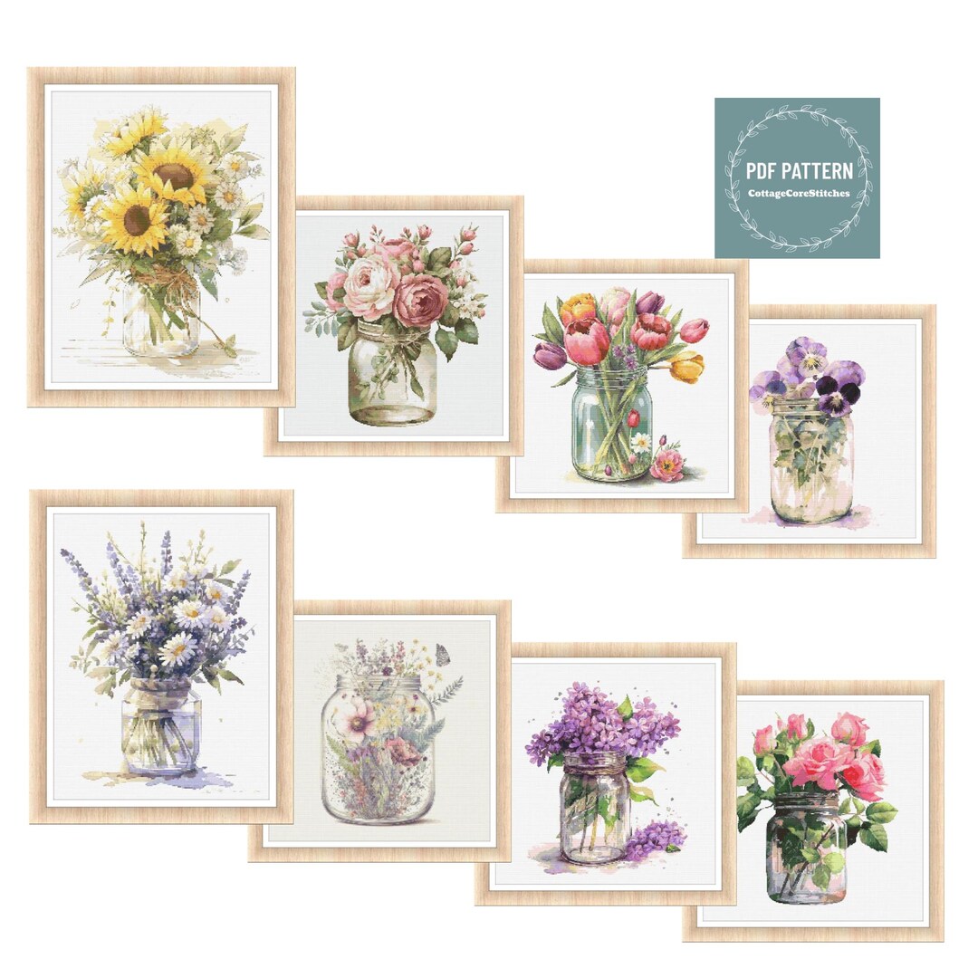 Cross Stitch Pattern BUNDLE, Flowers in Mason Jar, Printable Pdf ...