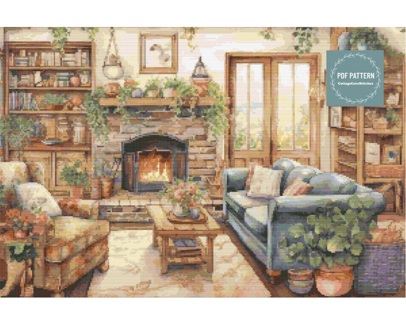 Cross Stitch Pattern Cottage Living Room, Hand Embroidery Pattern ...