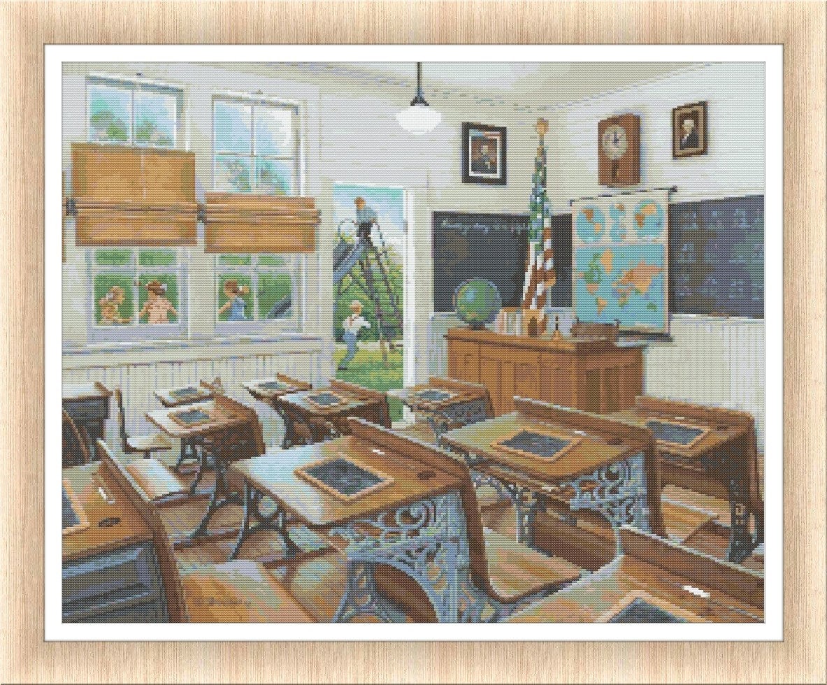 Time for Break at School Cross Stitch Pattern, Classroom Cross Stitch ...