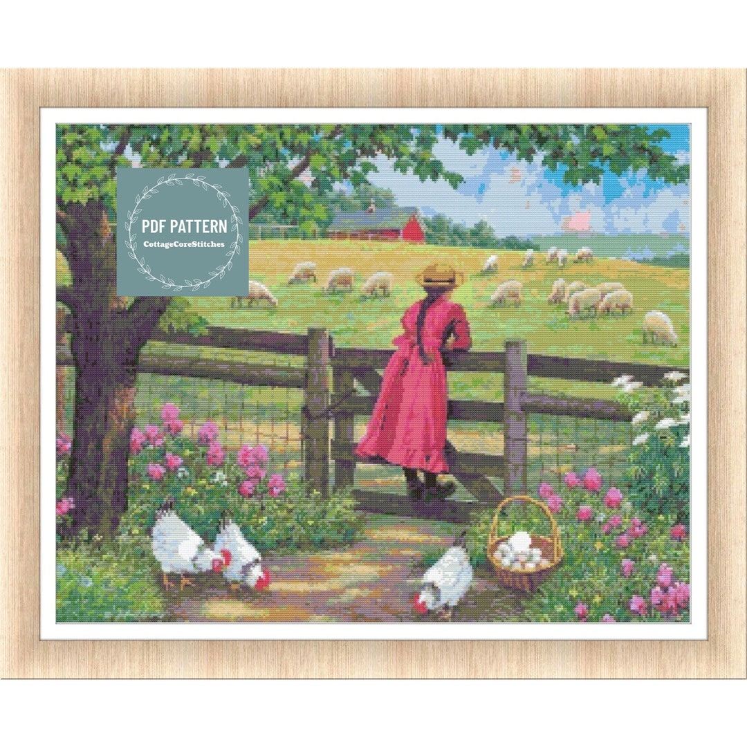 Girl in Homestead Countryside Cross Stitch Pattern, Farmhouse Pdf ...