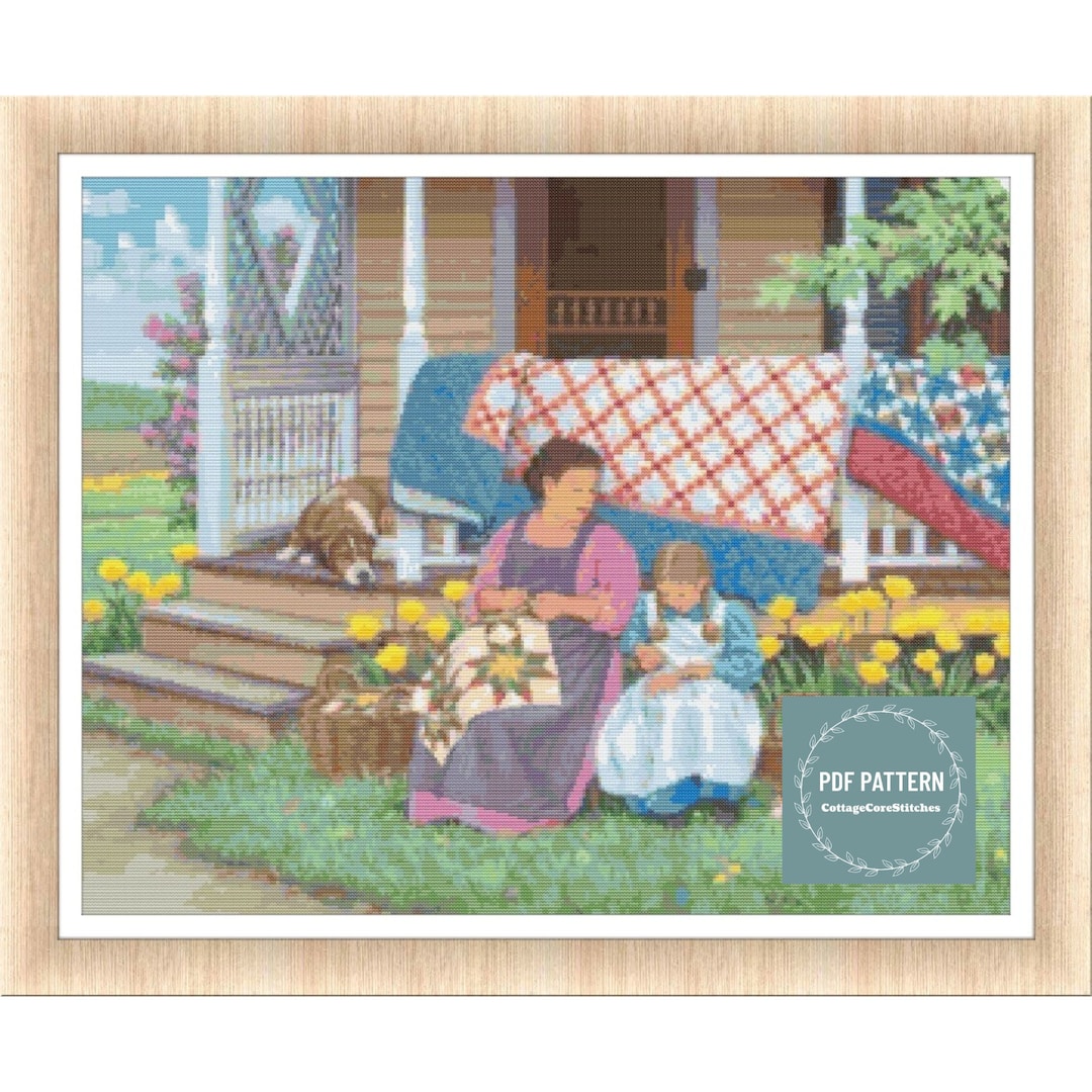 Mum and Daughter Quilting at Homestead Cross Stitch Pattern, Farmhouse ...