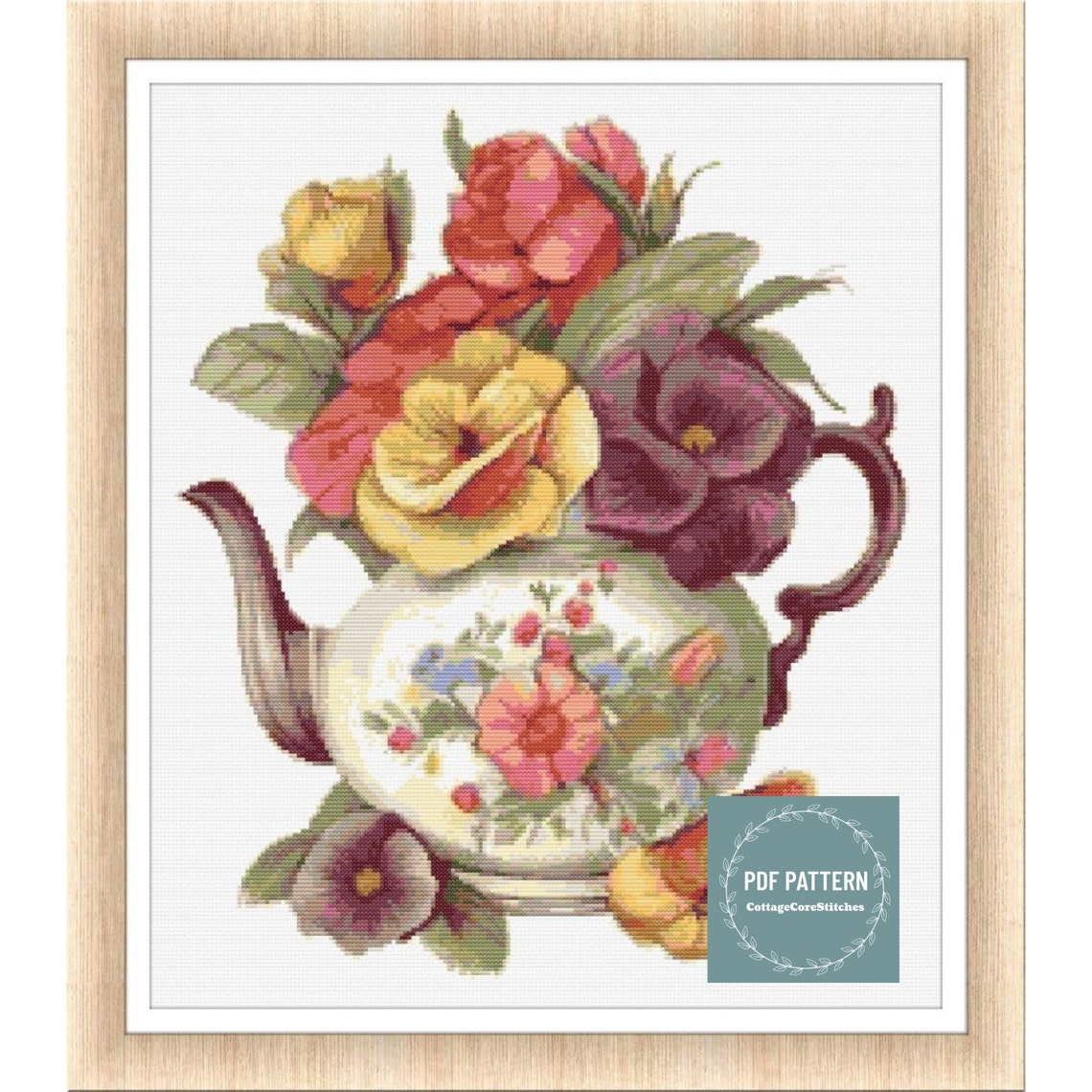 Floral Teapot, Cross Stitch Pattern Flowers, Instant Download PDF ...