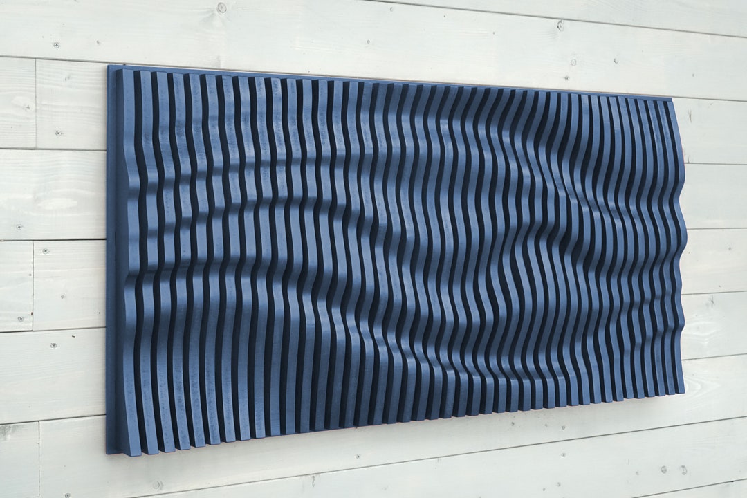 Denim Blue Parametric Wall Art of Wooden Slats, Wood Sound Diffuser, 3D ...