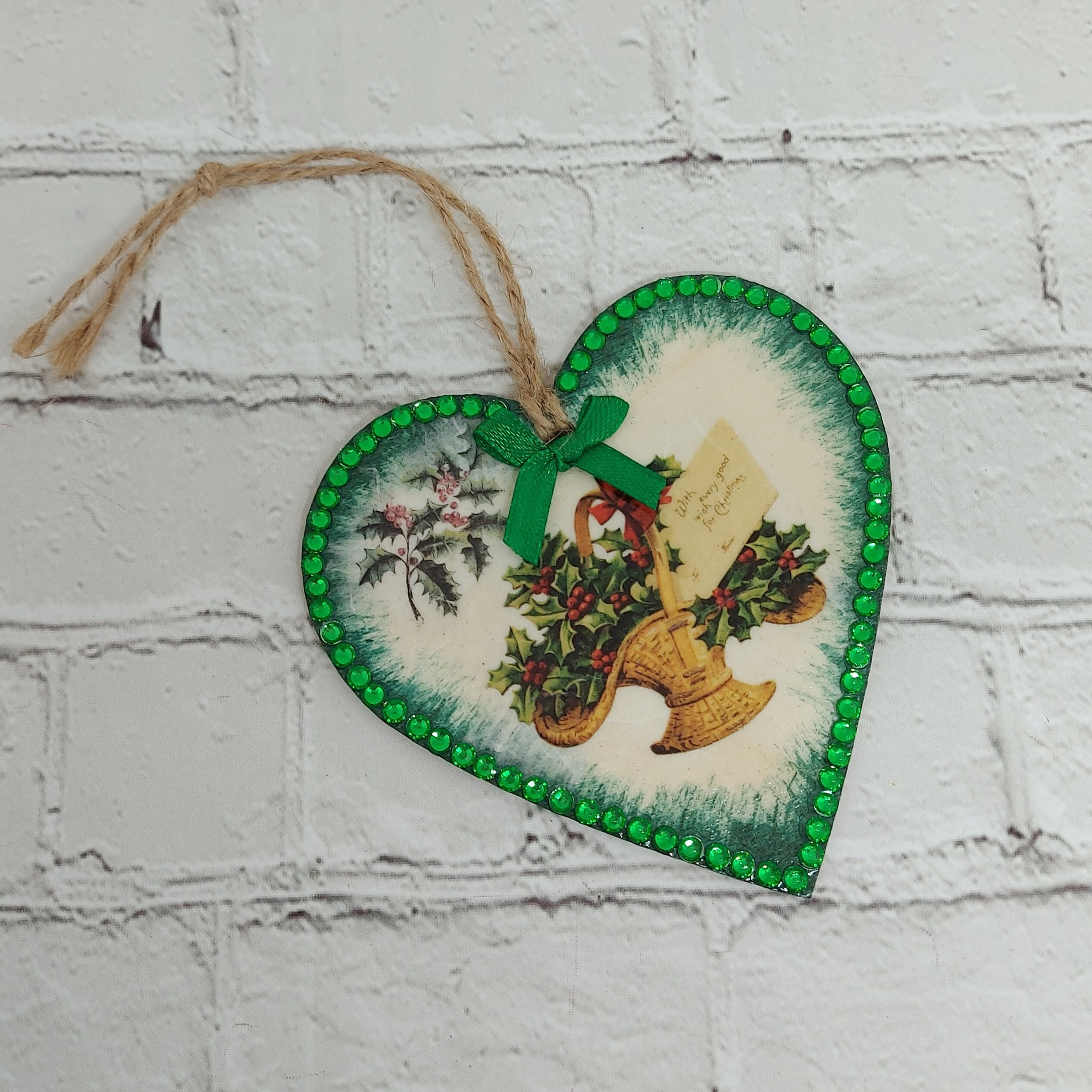 Holly Basket Christmas Heart Wooden Hanging Heart Etsy Uk