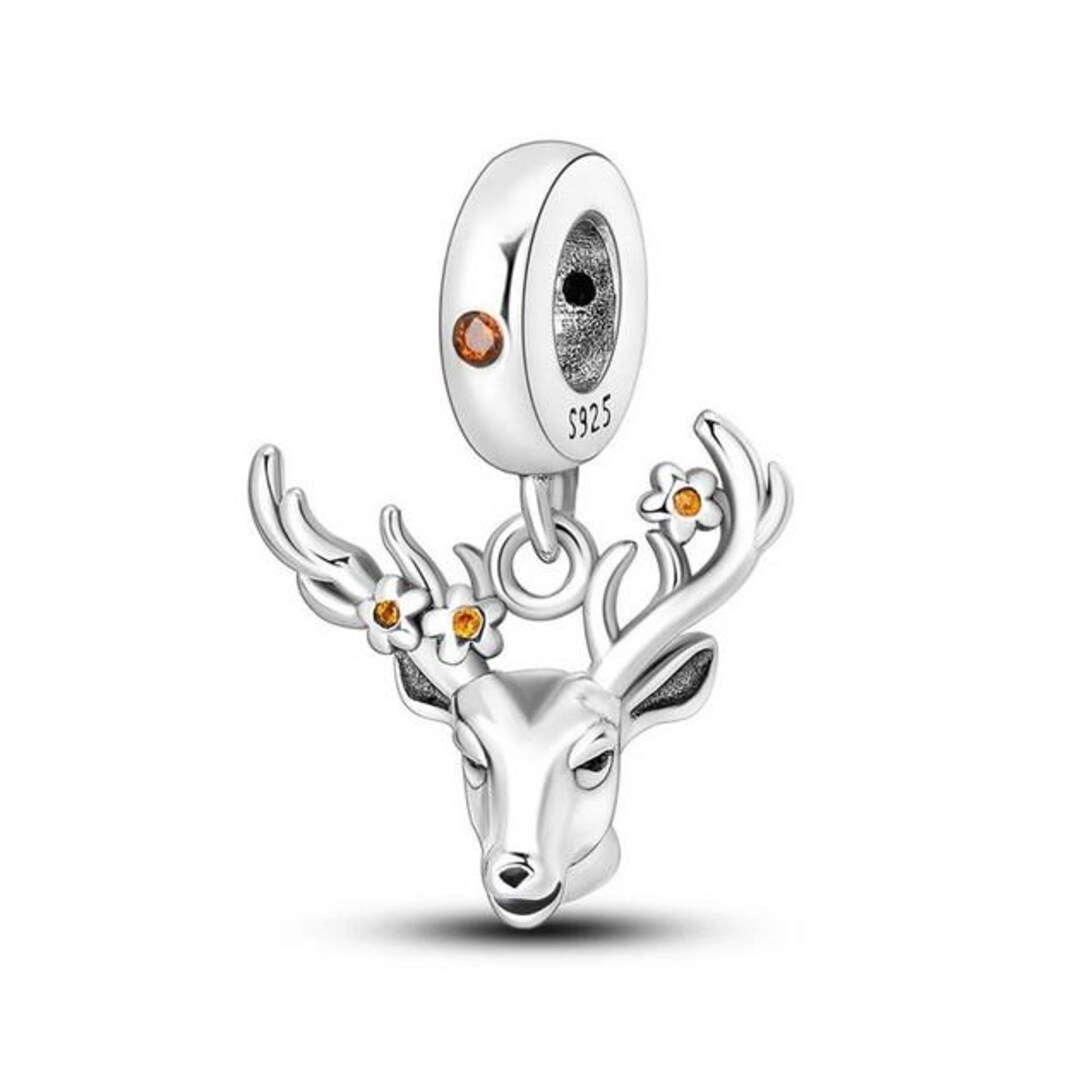 Christmas Deer Head Elk and Flower Dangle Charm , Silver 925 Charm for ...