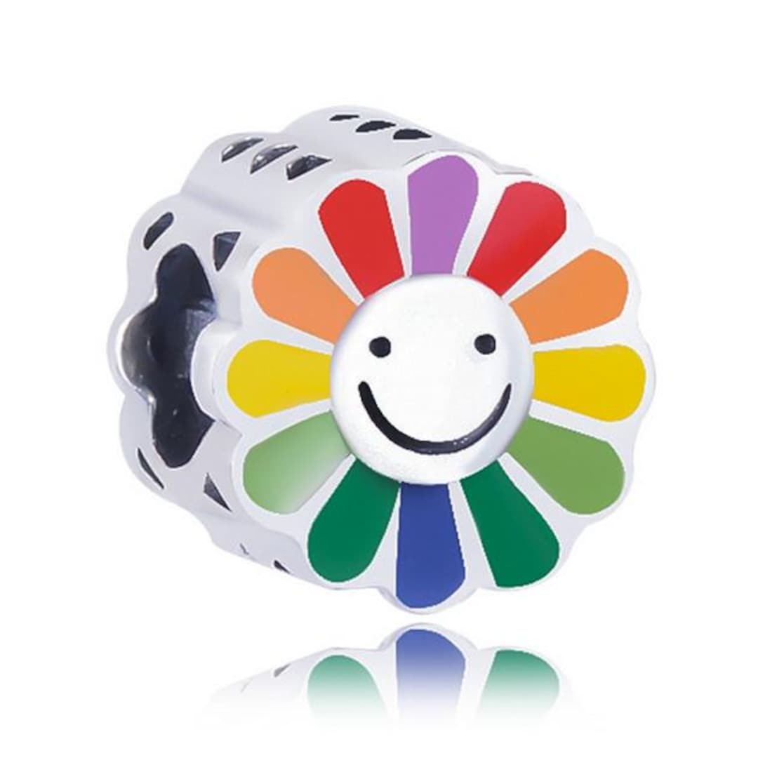 Rainbow Flower Smiley Face Charm , Silver 925 Charm for Bracelet, Fit ...